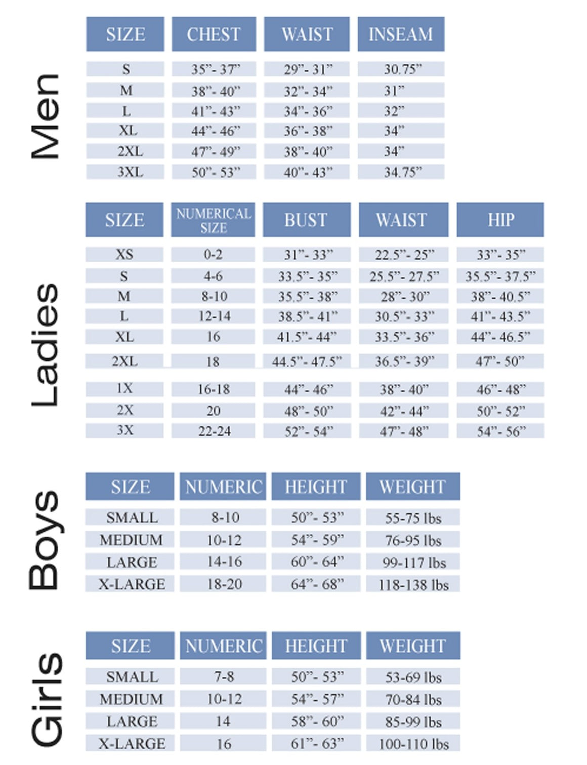 SIZE CHART – RUNNERS SPORTS