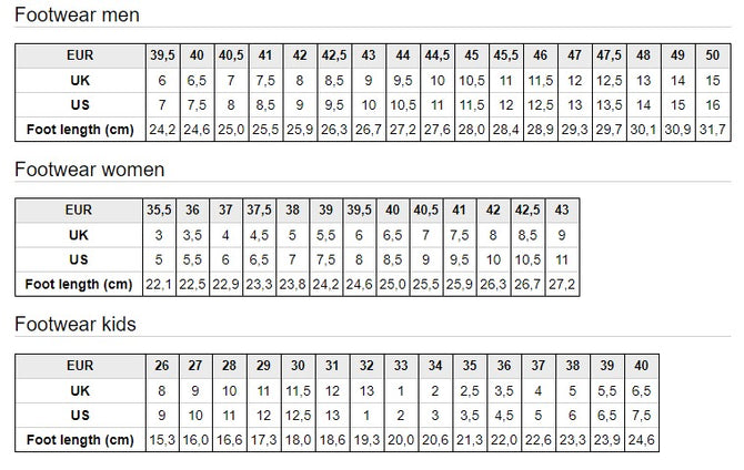 SIZE CHART – RUNNERS SPORTS